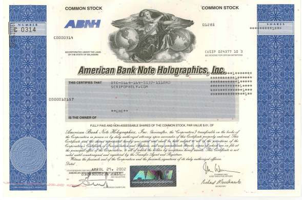 American Bank Note Holographics, Inc (Holograph vignette) - Scripophily ...