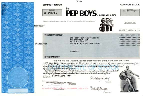 Pep Boys - Manny, Moe & Jack - Scripophily.com | Collect Stocks and ...