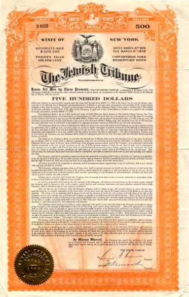 Jewish Tribune - New York 1929 - Scripophily.com | Collect Stocks and ...