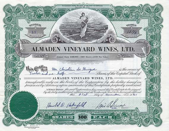Almaden Vineyard Wines, Ltd. - California 1941 - Scripophily.com ...