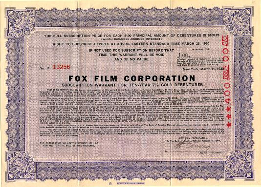 Fox Film Corporation - New York 1930 - Scripophily.com | Collect Stocks ...