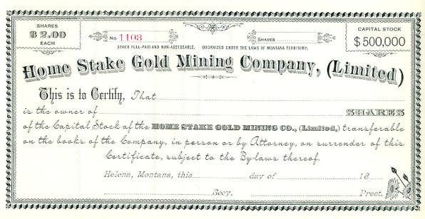 Home Stake Gold Mining Company - Montana Terrotory - Scripophily.com ...