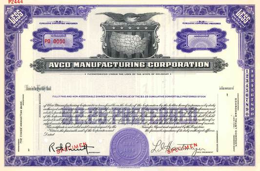 AVCO Manufacturing Corporation - Scripophily.com | Collect Stocks and ...