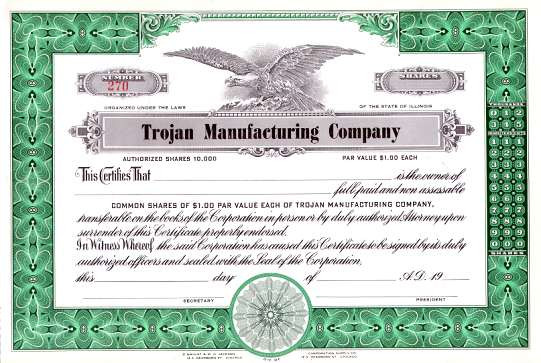 Trojan Manufacturing Company 1950's 1 - Scripophily.com | Collect ...