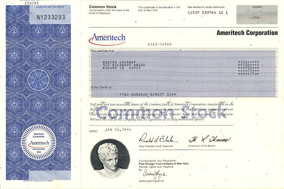 Ameritech Corporation (Part of ATT Break up) - Delaware 1994 - Scripophily.com | Collect Stocks ...