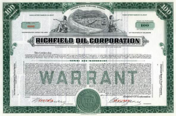 Richfield Oil Warrant Specimen - 1937 - Scripophily.com | Collect ...
