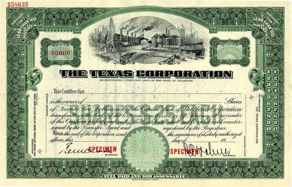 Texas Corporation ( Changed name to Texaco ) - Delaware - Scripophily ...