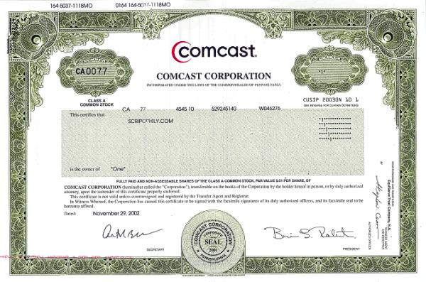 Comcast Corporation - Brian L. Roberts as President - Scripophily.com ...