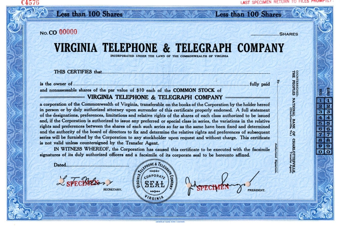 Virginia Telephone & Telegraph Company - Virginia - Scripophily.com ...