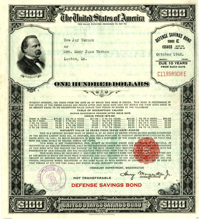 $100 Defense Savings Bond 1942 - Scripophily.com | Collect Stocks and ...