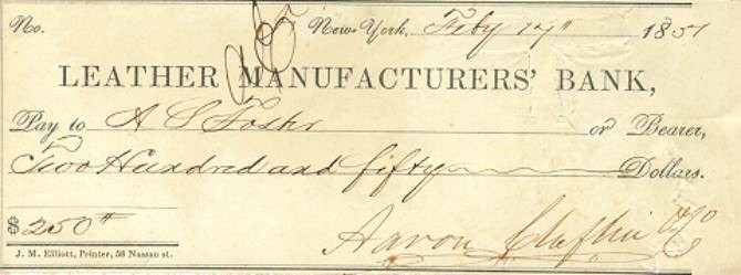 Leather Manufacturers' Bank Check 1851 (Slave Insurance Bank ...