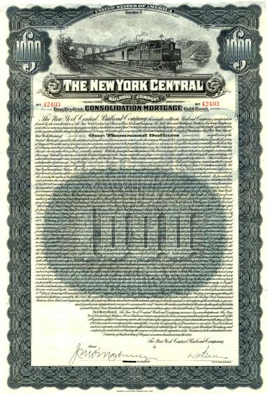 New York Central Railroad Company Uncancelled $1000 Gold Bond - New ...
