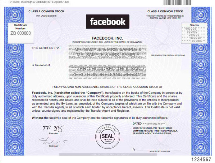 Facebook Stock Certificate - IPO 2012 - Scripophily.com | Collect ...