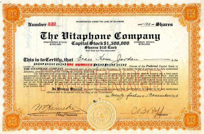 Vitaphone Company 1916 - Scripophily.com | Collect Stocks and Bonds ...