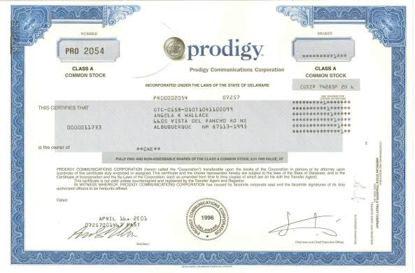 Prodigy Communications Corporation Stock Certificate - Scripophily ...