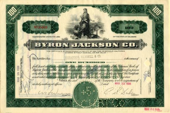Byron Jackson Company - Berkeley, California 1936 - Scripophily.com ...