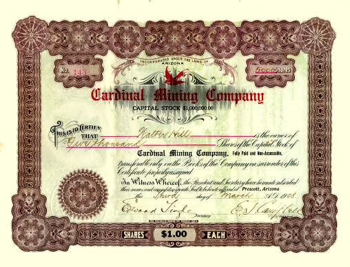 Cardinal Mining Company 1908 - Arizona - Scripophily.com | Collect ...
