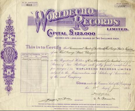 Worldecho Records - 1930 - Scripophily.com | Collect Stocks and Bonds ...
