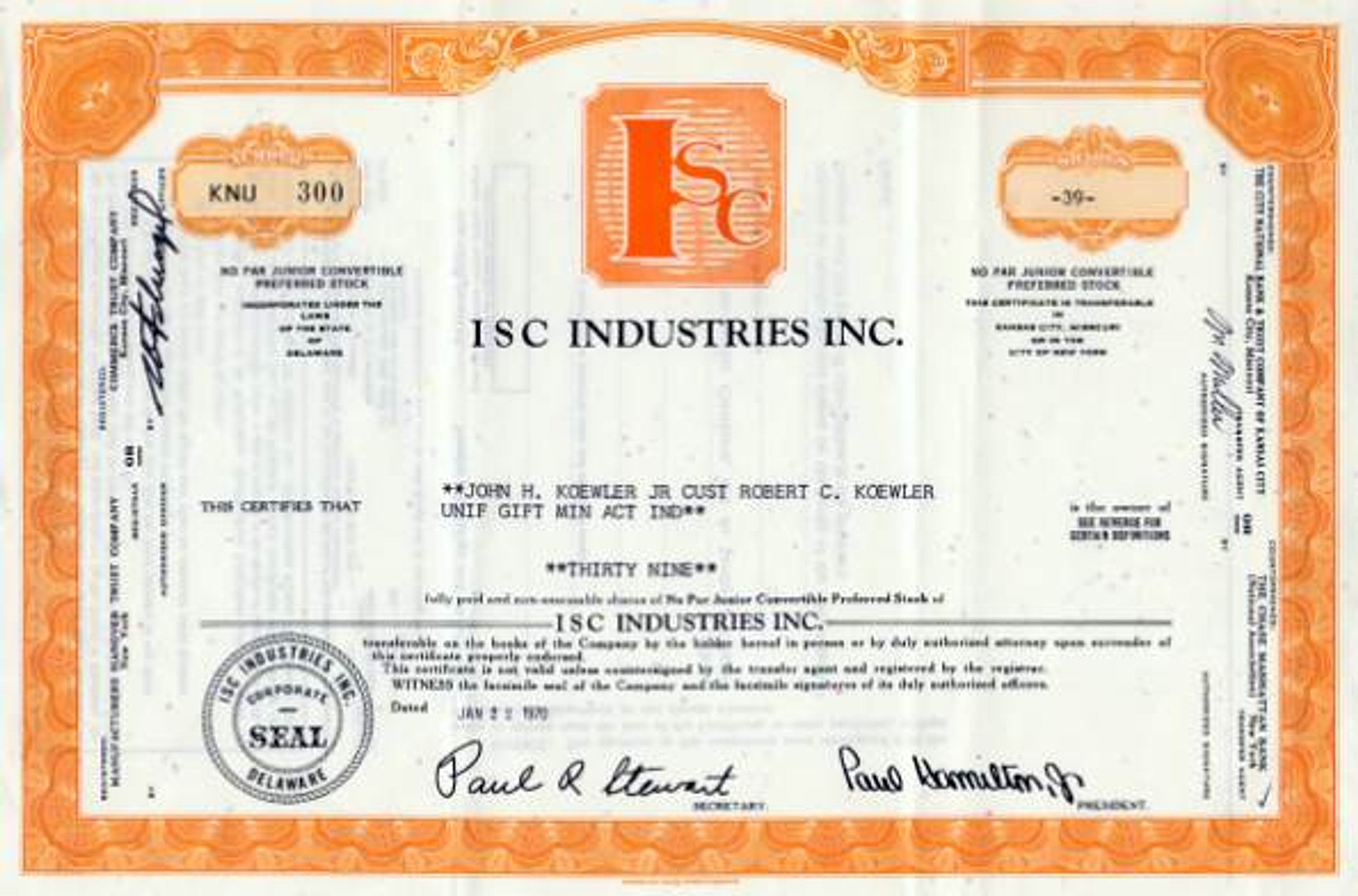 ISC Industries, Inc. - 1970 - Scripophily.com | Collect Stocks and ...