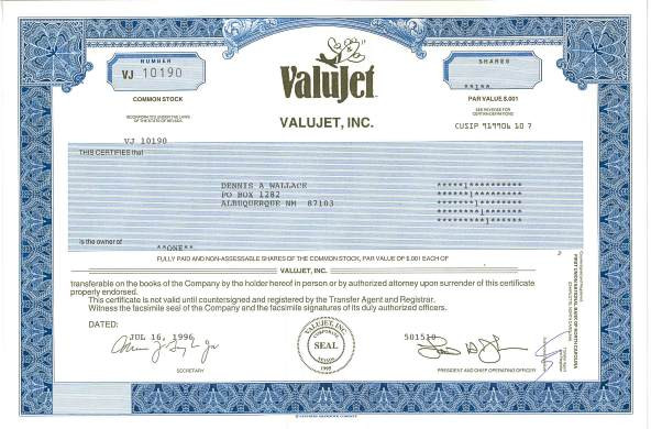 ValuJet First Flight Certificate - Scripophily.com | Collect Stocks and ...