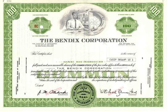 Bendix Corporation (Now Honeywell) - Scripophily.com | Collect Stocks ...
