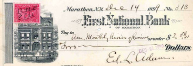 First National Bank of Marathon Check 1890's - New York signed by Edgar ...