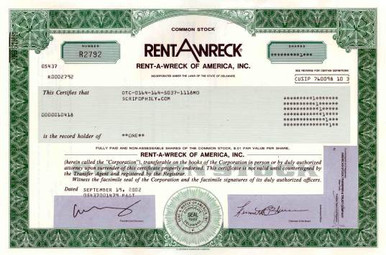 Rent - A - Wreck of America, Inc. ( Car Rental Company ) - Scripophily ...