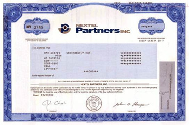 Nextel Partners Inc. (Acquired by Sprint) - Scripophily.com | Collect ...