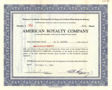 American Royalty Company 1929 - California - Scripophily.com | Collect ...