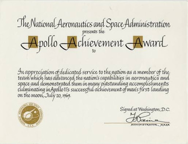 Apollo Achievement Award commemorating Man's landing on the Moon ...