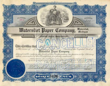 Watervliet Paper Company Stock 1920's - Blue - Michigan - Scripophily ...