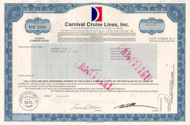 Carnival Cruise Lines, Inc. - Scripophily.com | Collect Stocks and ...