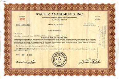 Walter Amusements, Inc. - Scripophily.com | Collect Stocks and Bonds ...