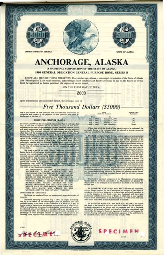 Anchorage, Alaska $5000 General Obligation Bond - Alaska 1980 ...