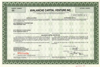 Avalanche Capital Venture Inc., Canada - Scripophily.com | Collect Stocks and Bonds | Old Stock ...
