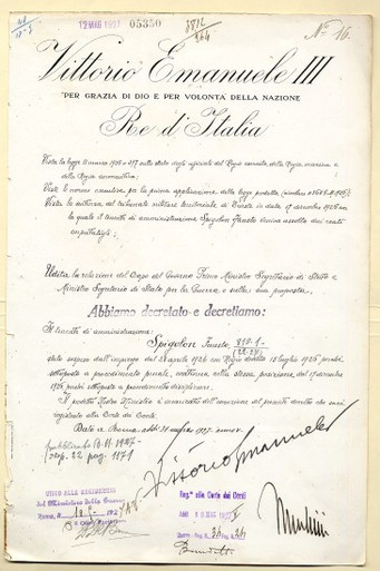 Italian document signed by King Victor Emanuele III and Benito ...