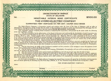 Hydro Electric Company Negotiable Interim Gold Bond - Delaware 1923 ...