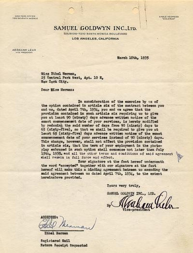 Ethel Merman handsigned letter from Samuel Goldwyn Inc. - California ...
