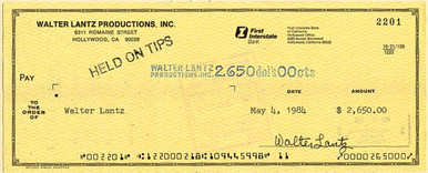Walter Lantz Productions hand signed check by Walter Lantz (famous ...