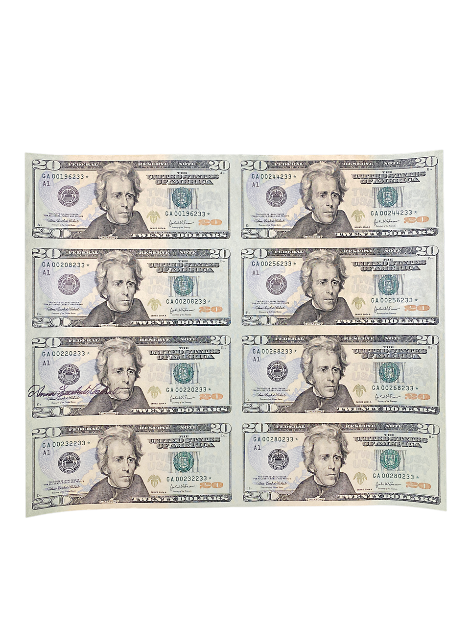 USA 2004 $20 8-Note Uncut Sheet - Star Banknotes