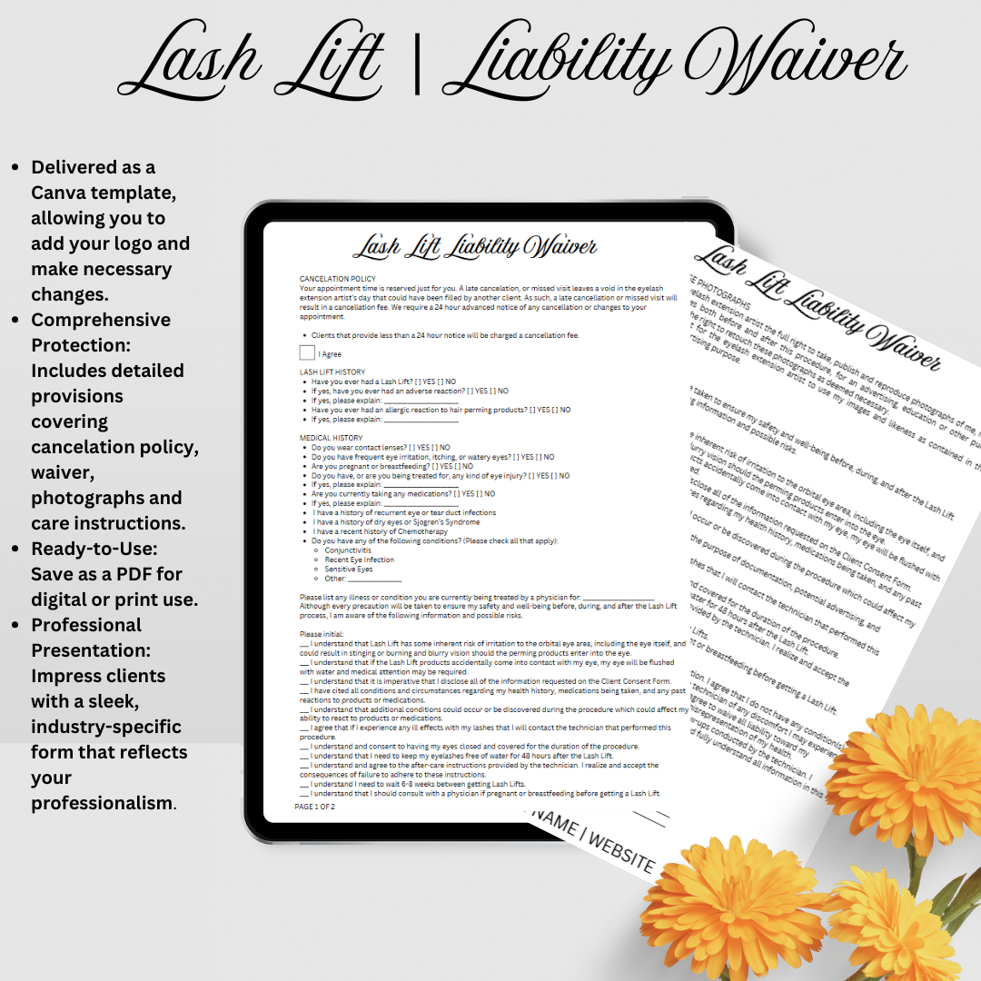 Lash Lift Waiver and Release Form for the salon industry