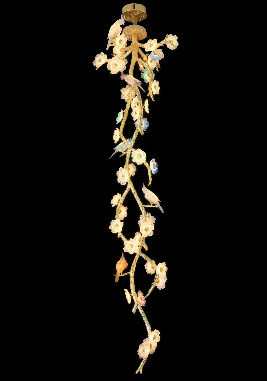 LIULI Glass Art Birds and Blooms Staircase Chandelier Lighting