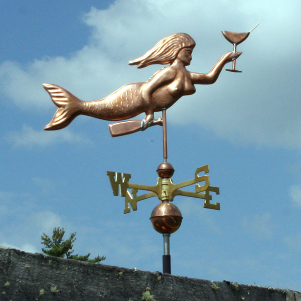 Copper Mermaid with Martini and Bottle Weathervane