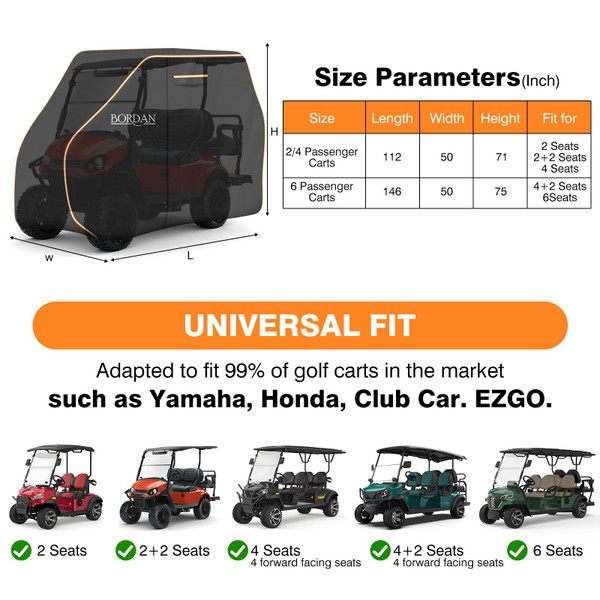Heavy Duty Golf Cart Cover for 4+2/6 Passengers with Orange Reflective ...