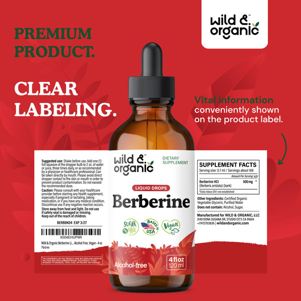 Wild & Organic Berberine Drops 500mg - Liquid Berberine Supplement HCL ...