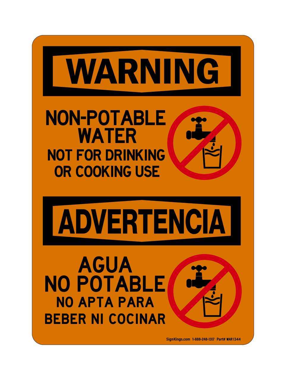 Non-Potable Water Not For Drinking Or Cooking Use English/Spanish (No ...