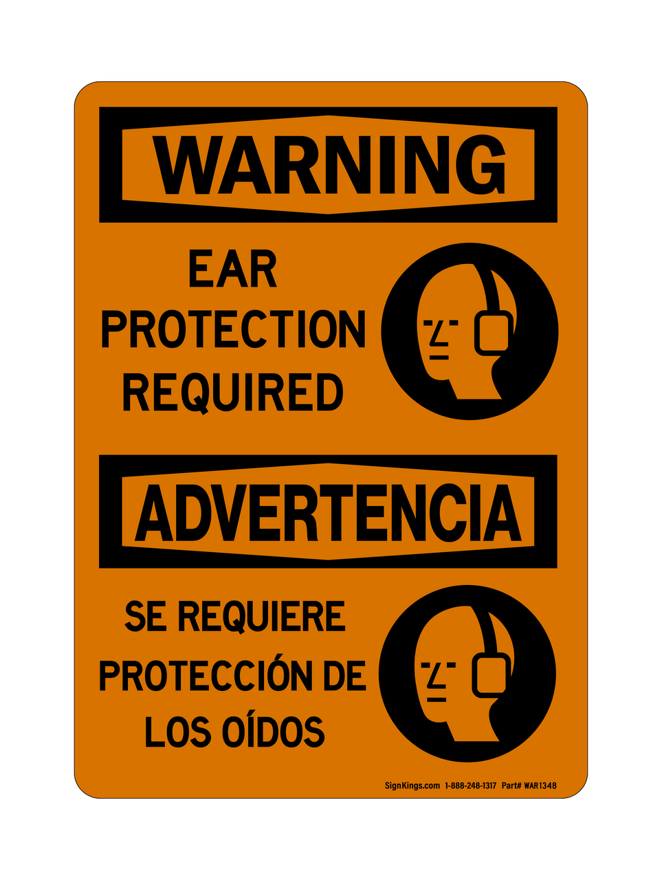 Ear Protection Required English/Spanish (PPE Symbol), OSHA Warning Sign
