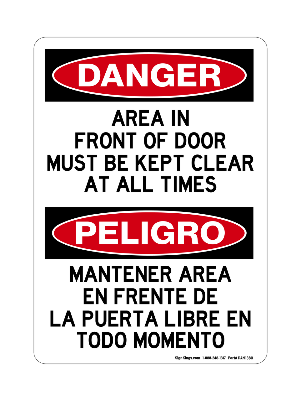 Area In Front Of Door Must Be Kept Clear At All Times English/Spanish ...