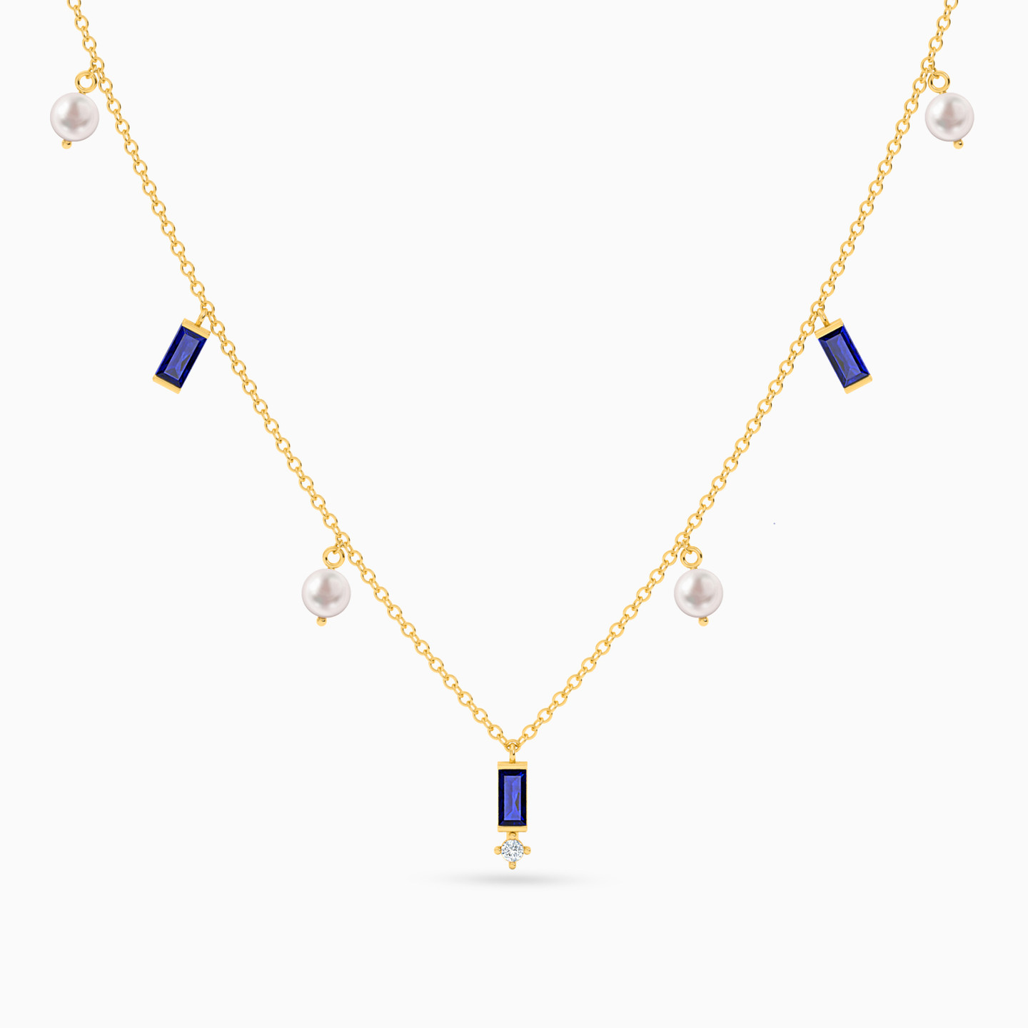 Baguette Pearl & Blue Stone Chain Necklace in 18K Gold | L'azurde UAE
