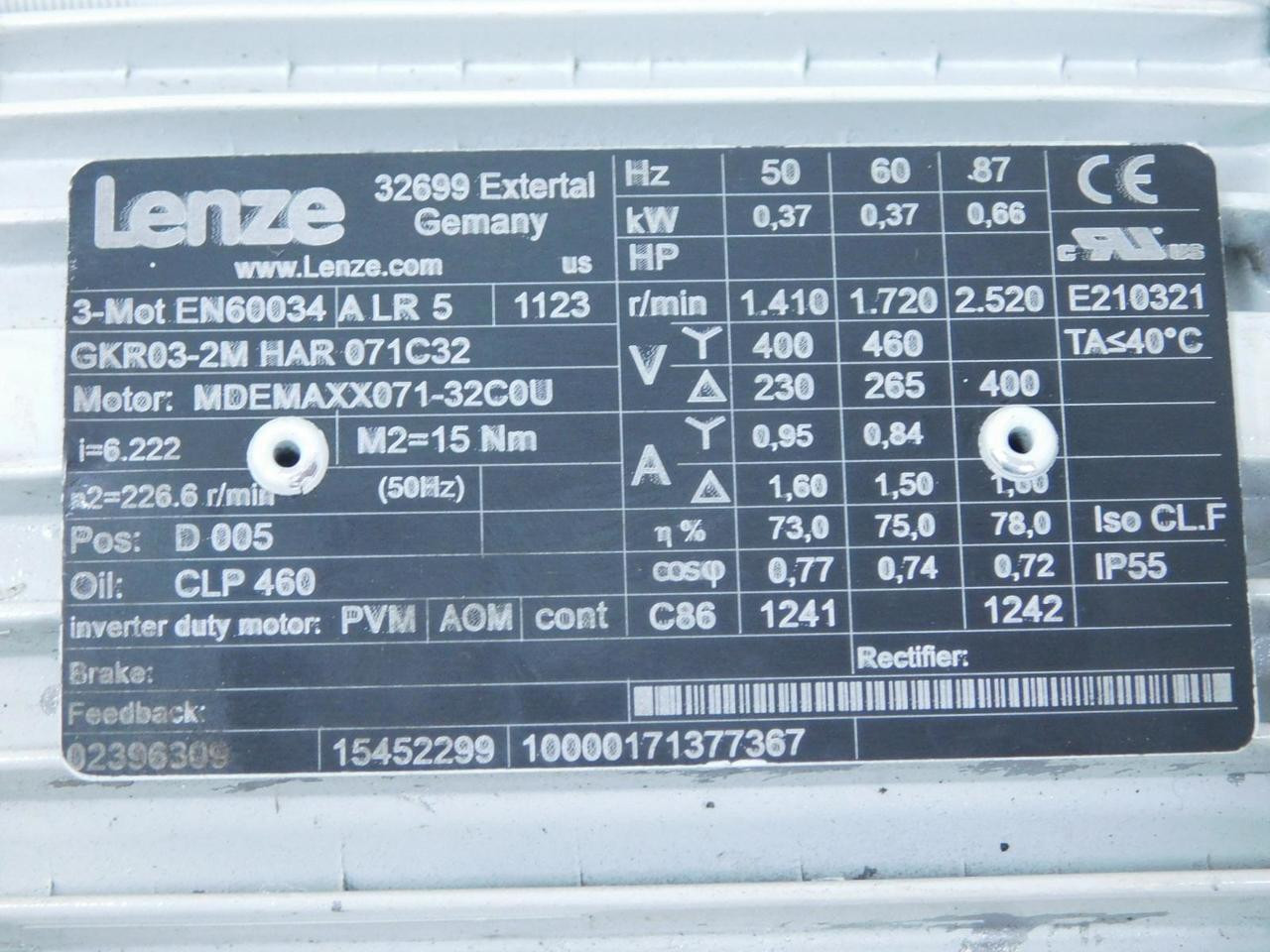 Lenze EN60034 Electric Motor 50/60/87HZ 0.37/O.37/0.66 KW